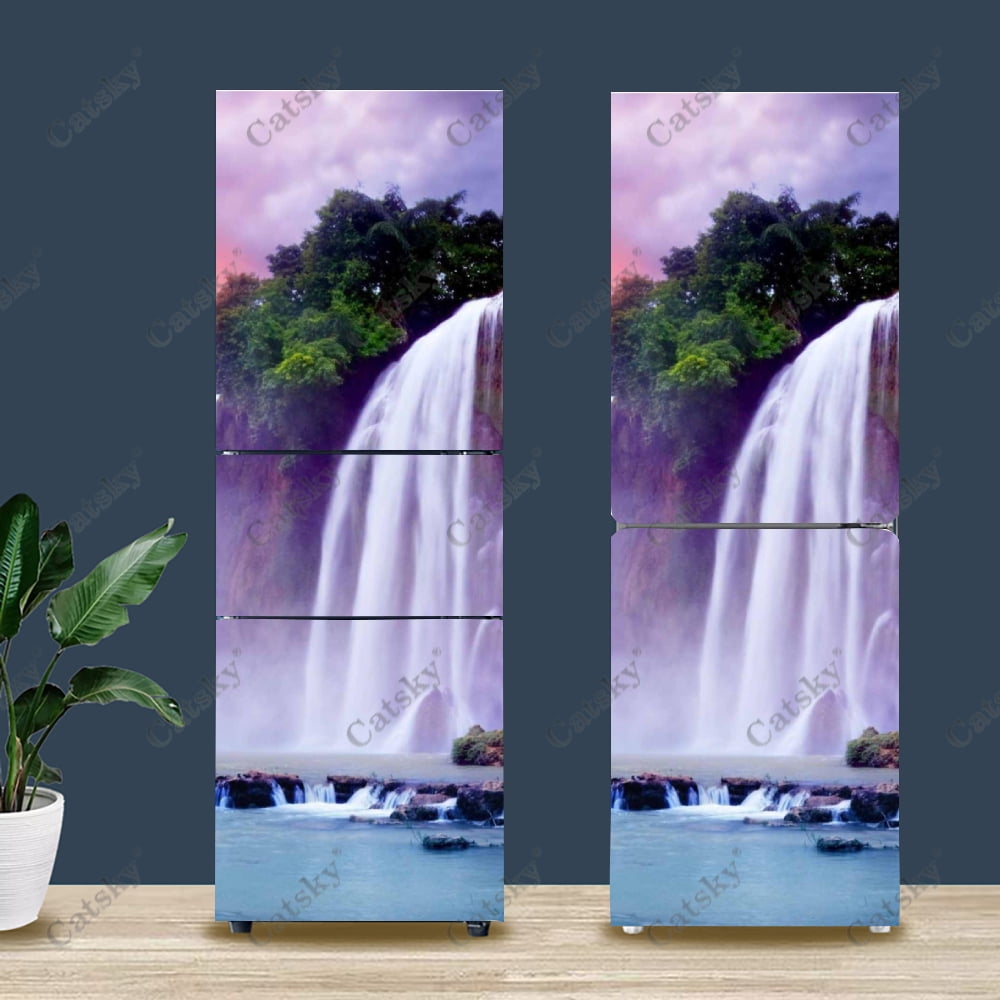 Waterfall Flowing Water Leaves Refrigerator Door Mural Sticker ...