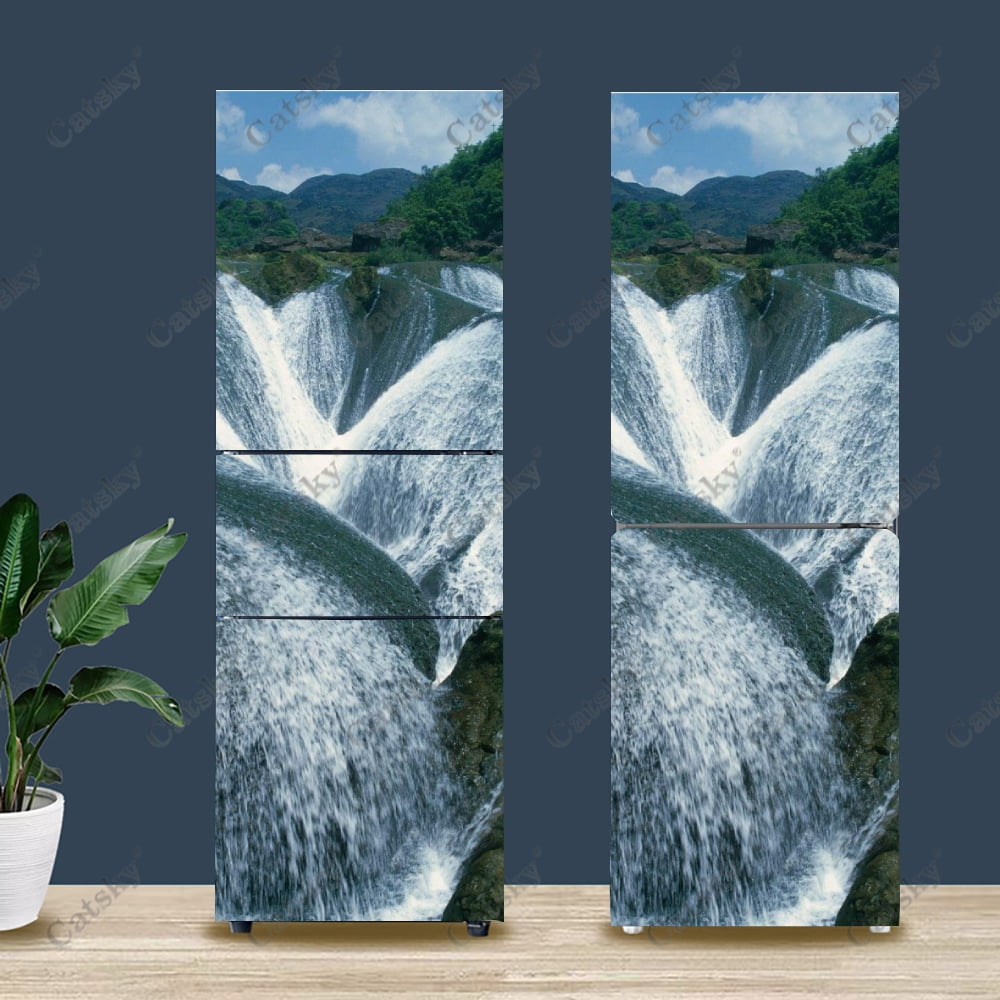 Waterfall Flowing Water Leaves Refrigerator Door Mural Sticker ...