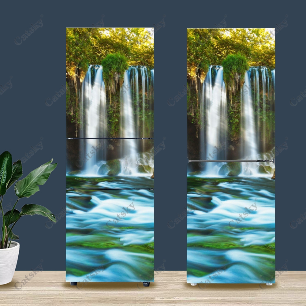 Waterfall Flowing Water Leaves Refrigerator Door Mural Sticker ...