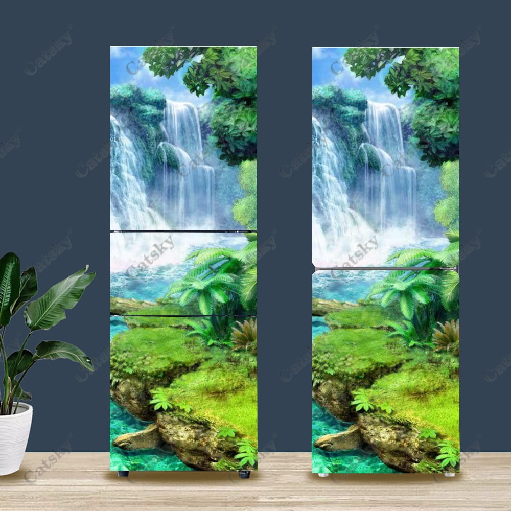 Waterfall Flowing Water Leaves Refrigerator Door Mural Sticker ...