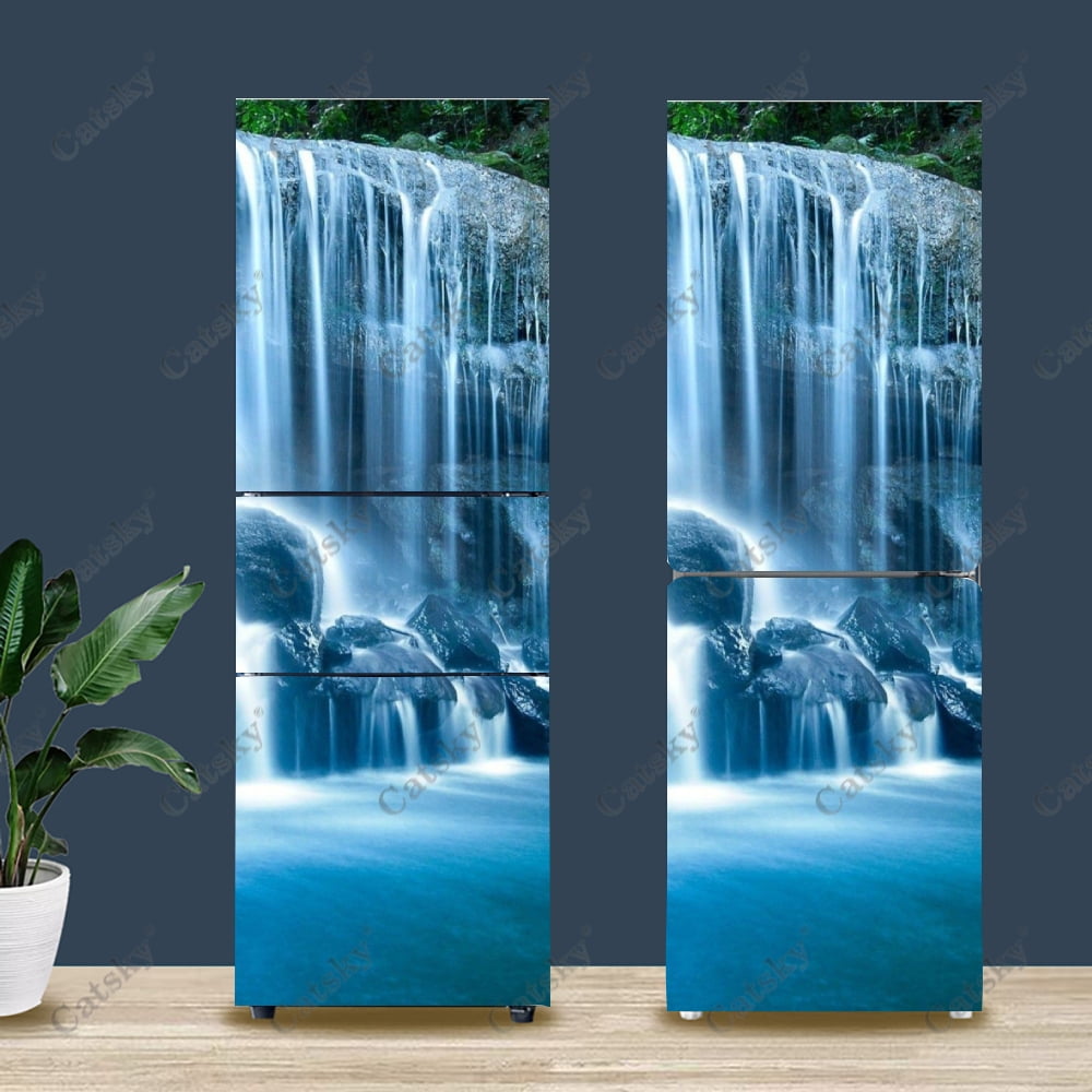 Waterfall Flowing Water Leaves Refrigerator Door Mural Sticker ...
