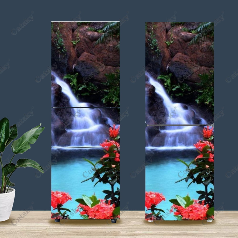 Waterfall Flowing Water Leaves Refrigerator Door Mural Sticker ...