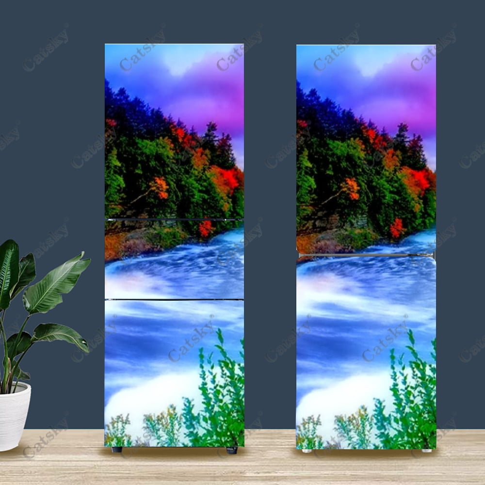Waterfall Flowing Water Leaves Refrigerator Door Mural Sticker ...