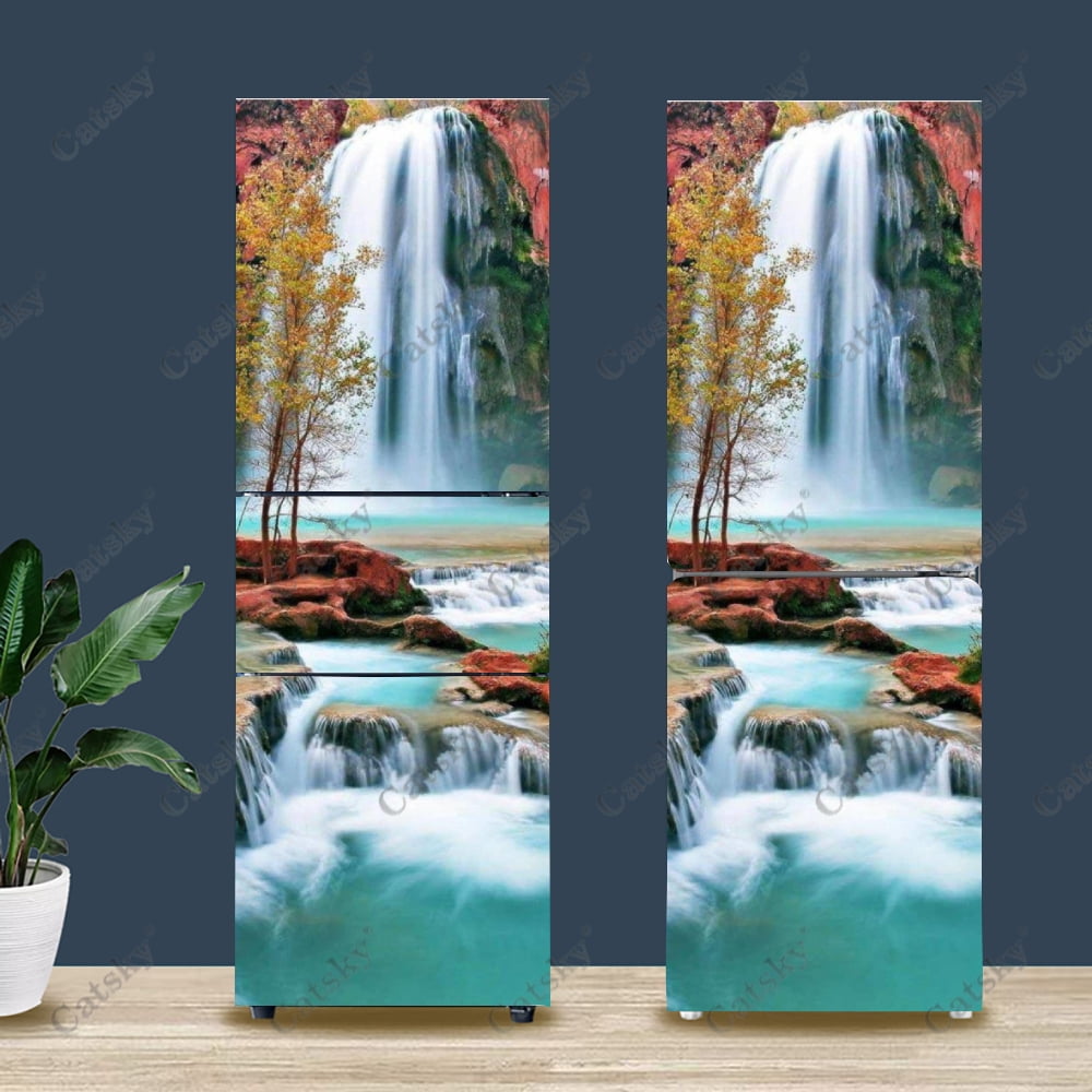 Waterfall Flowing Water Refrigerator Door Mural Sticker Waterproof PVC ...