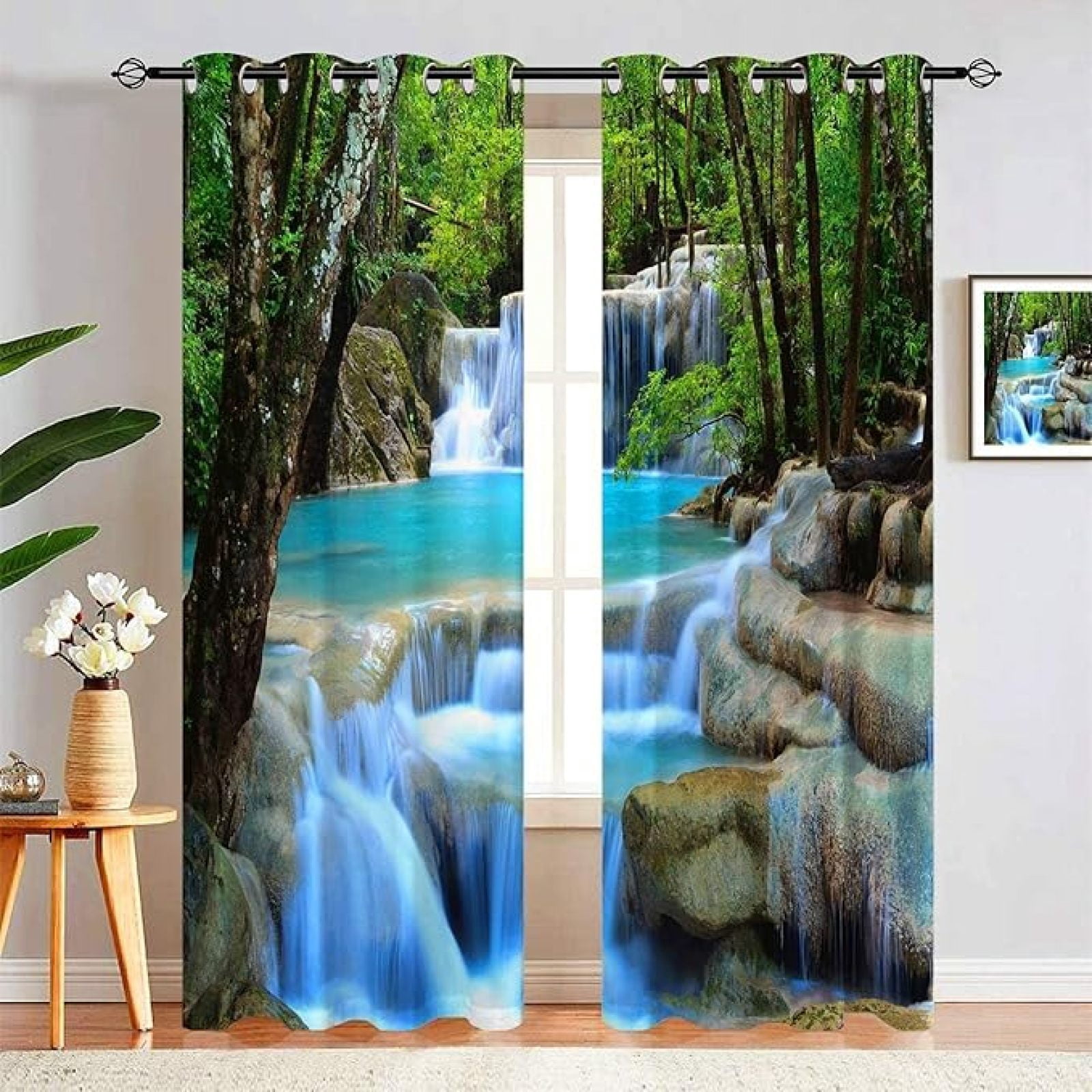 Waterfall Forest Blackout Curtains, 3D Nature Scenery Print Window ...