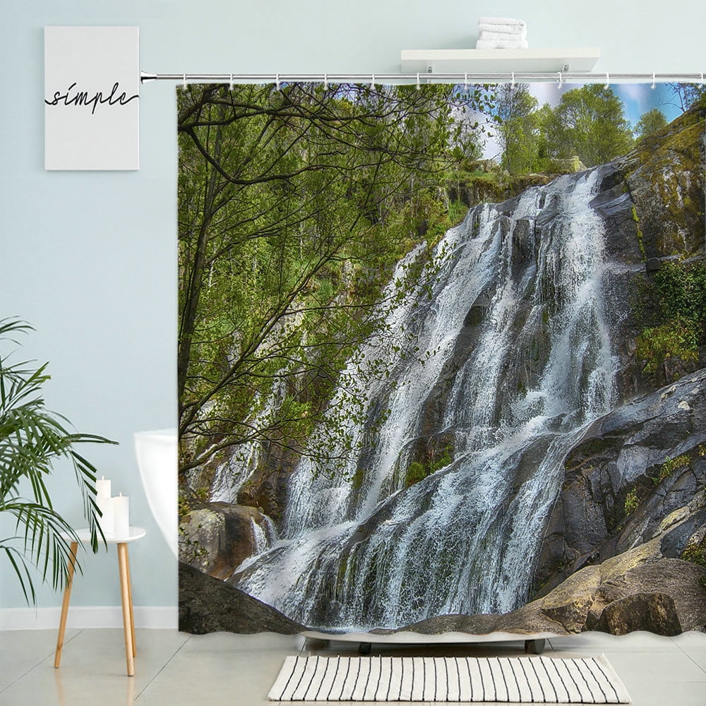 Waterfall Forest Landscape Shower Curtain Natural Scenery Bathroom r ...