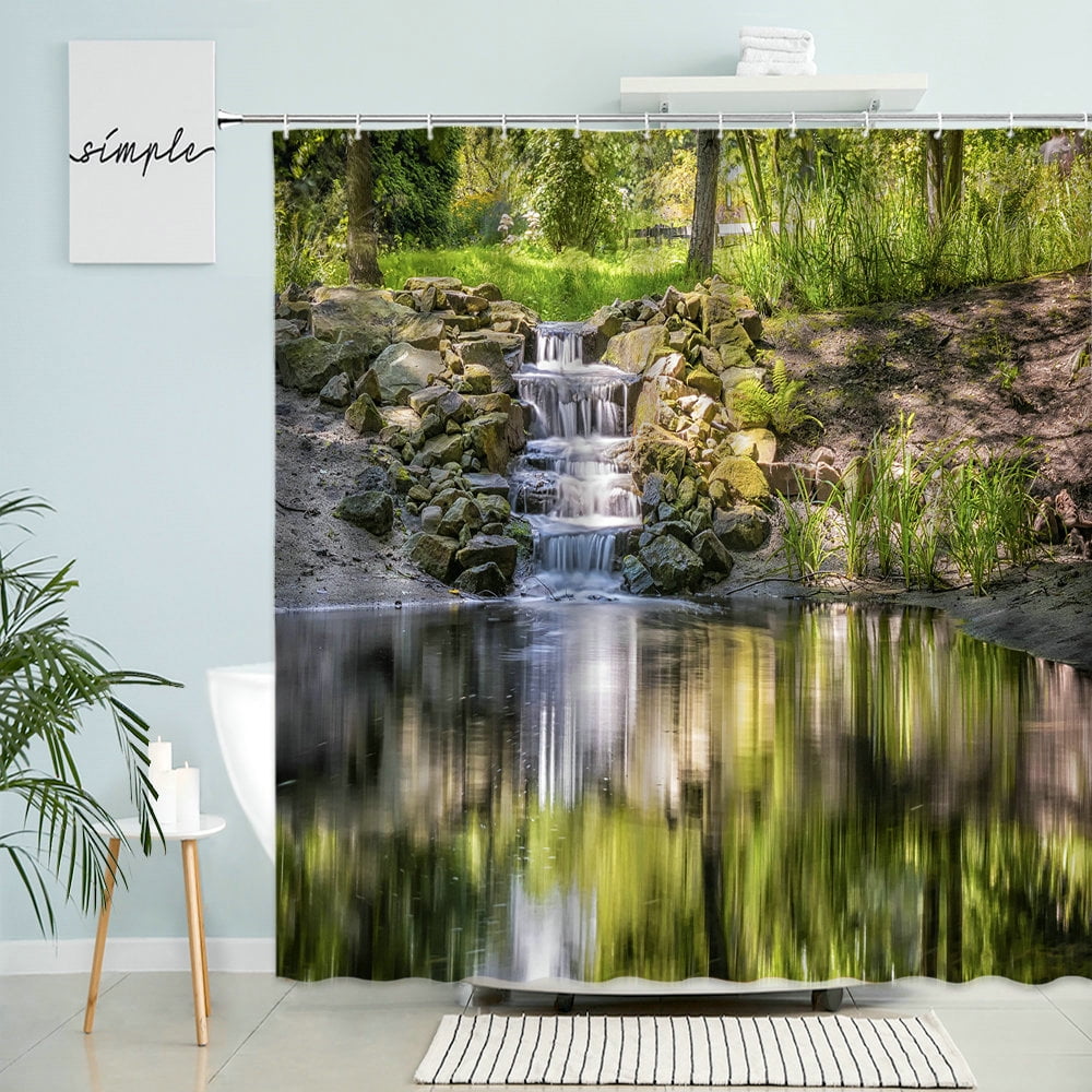 Waterfall Forest Landscape Shower Curtain Natural Scenery Bathroom r ...
