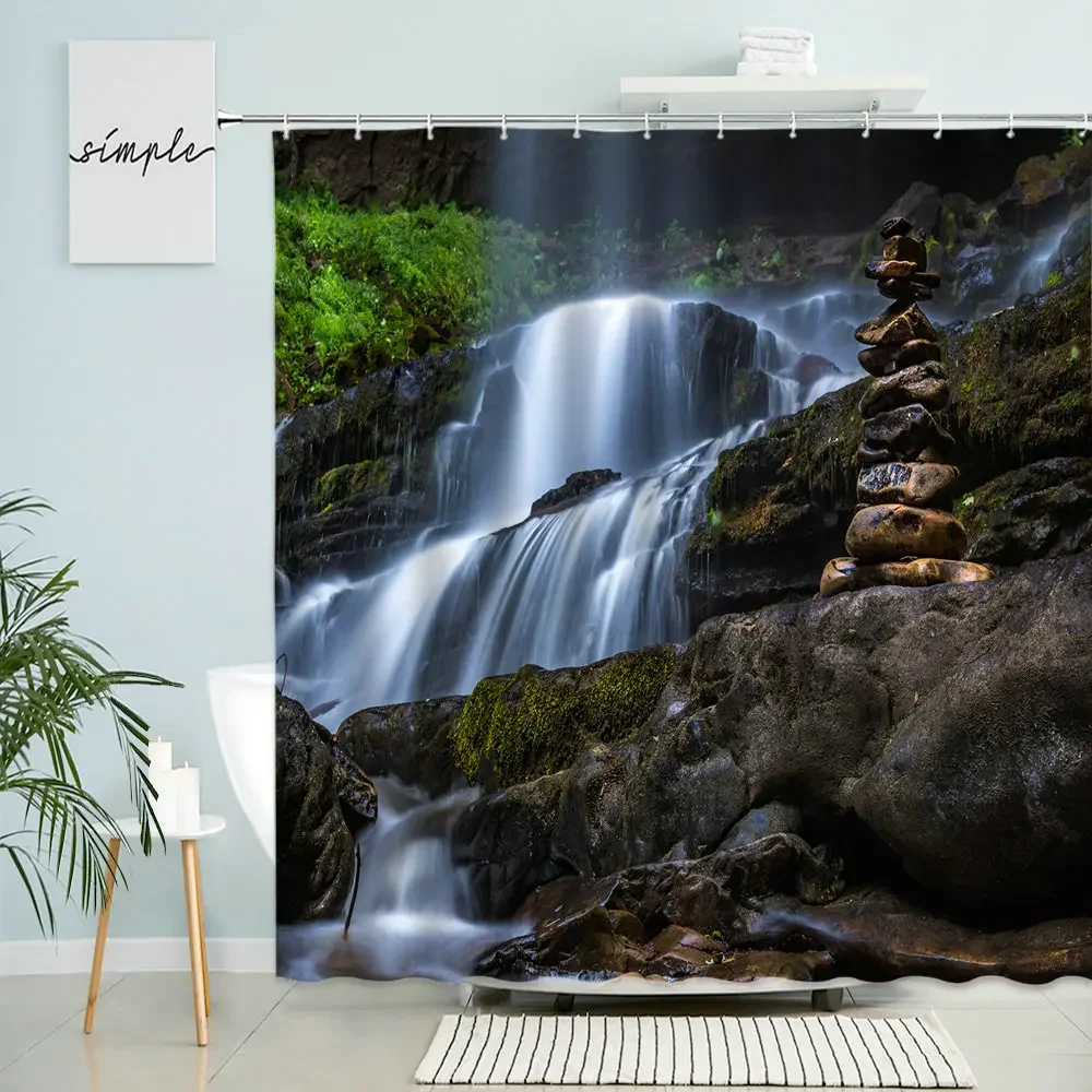 Waterfall Forest Landscape Shower Curtain Natural Scenery Bathroom r ...