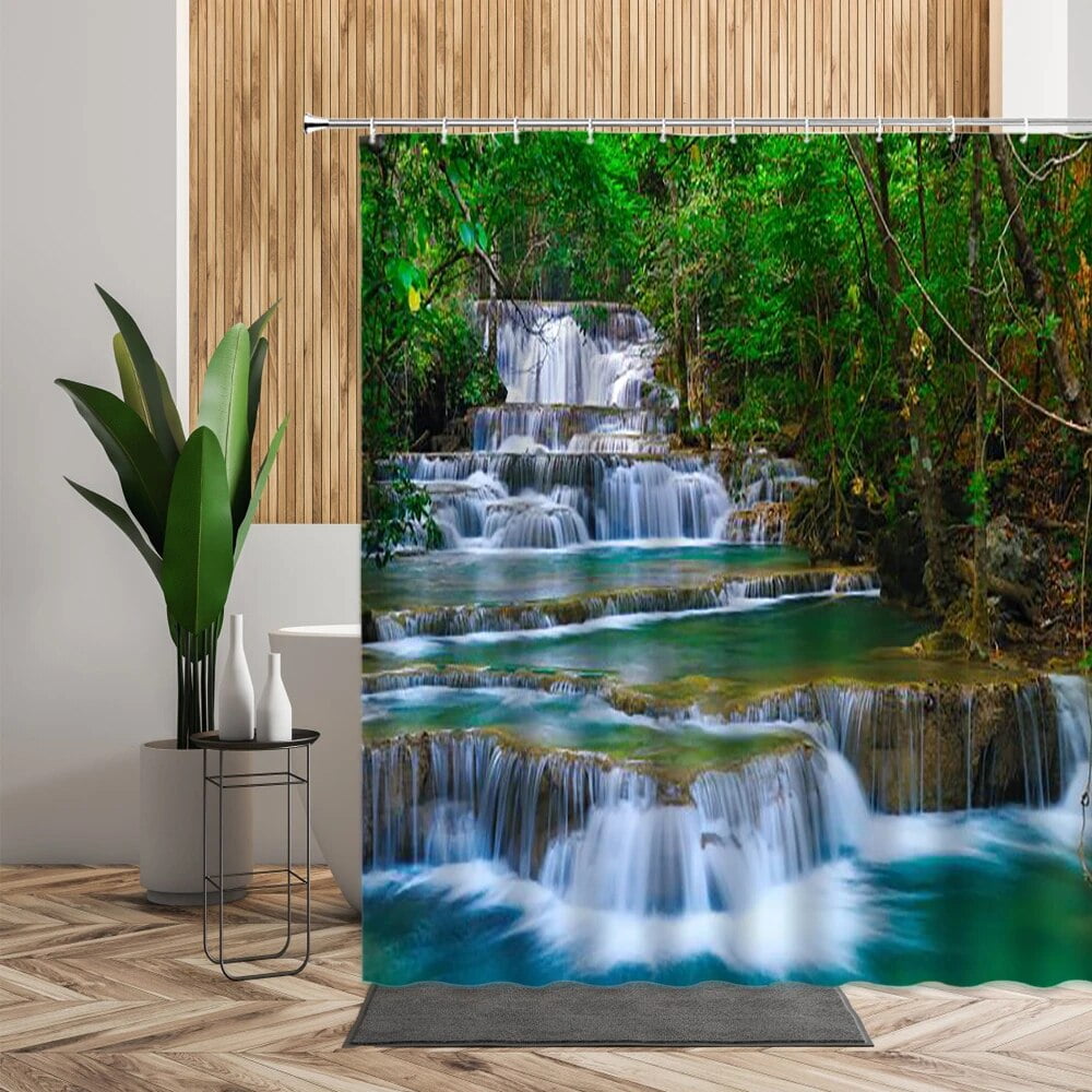 Waterfall Forest Landscape Shower Curtains Green Tree Bathroom Curtain