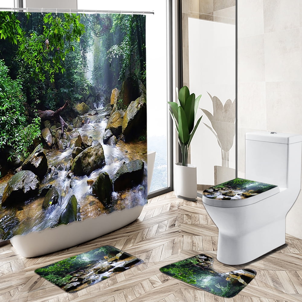Waterfall Forest Landscape Waterproof Shower Curtain Set Bathroom ...