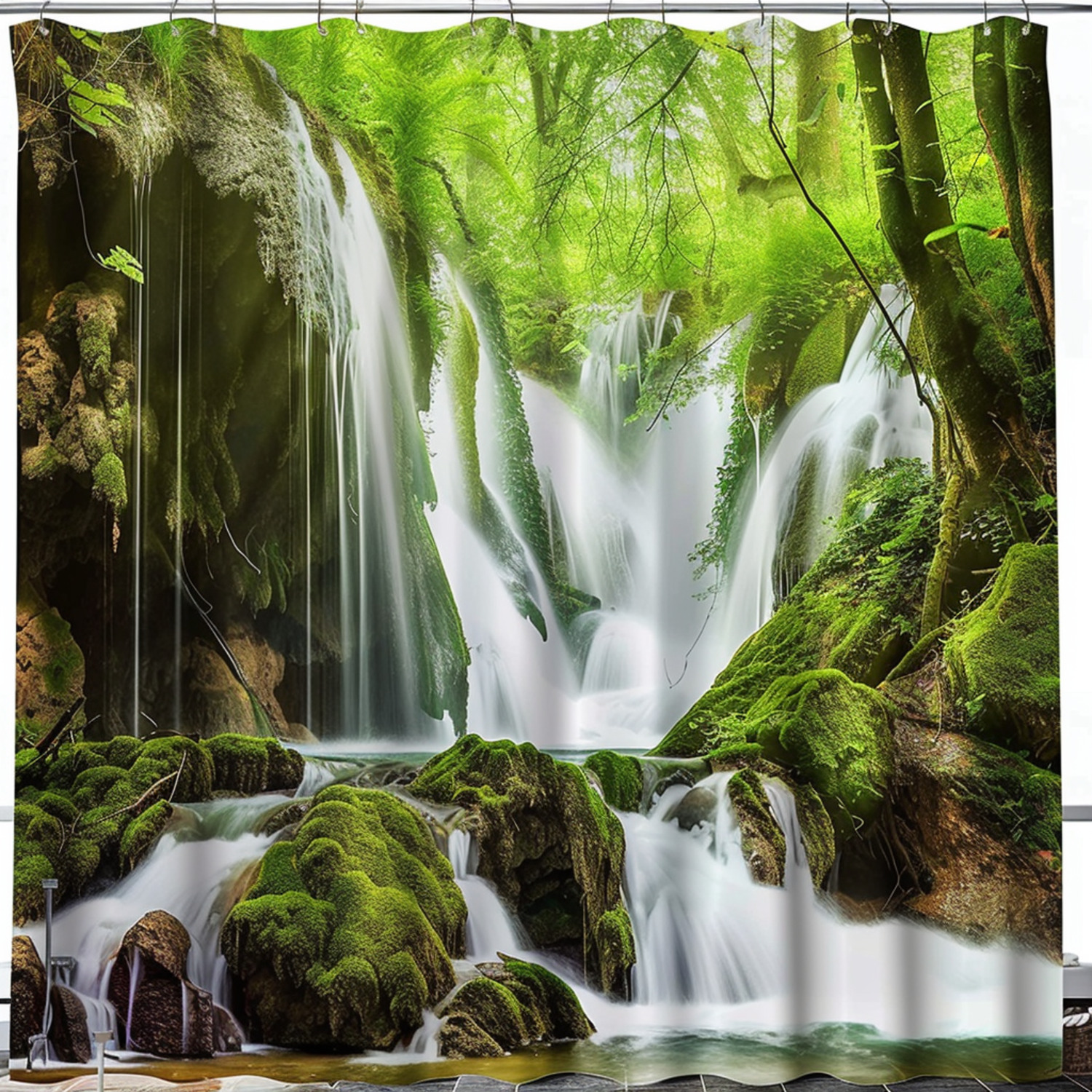 Waterfall Forest Moss Greenery Nature Scene Fabric Shower Curtain ...