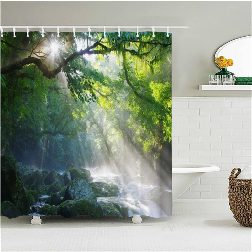 Waterfall Forest Natural Scenery Shower Curtain Tropical Jungle Plant ...