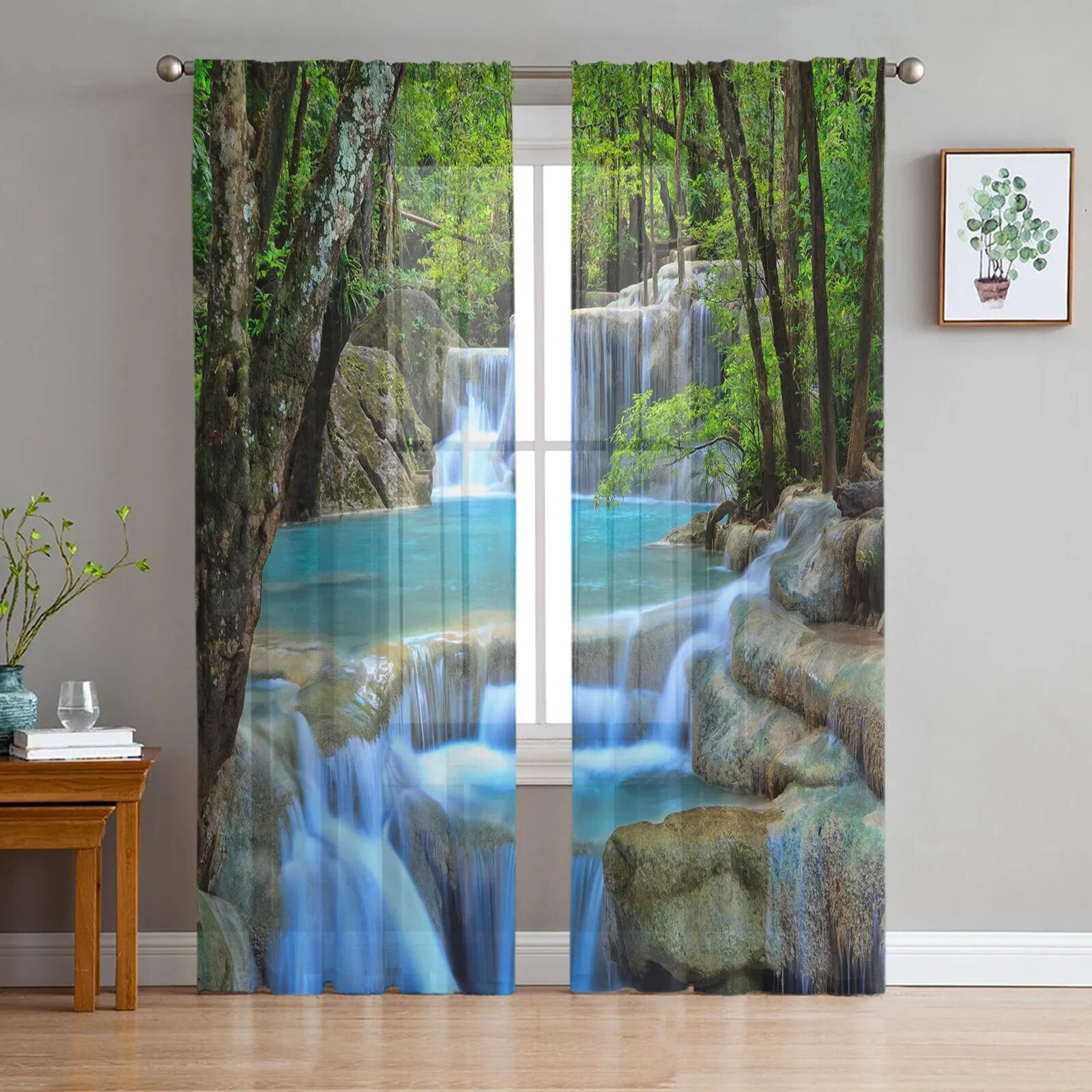 Waterfall Forest Nature Scenery Tropical Tulle Sheer Window Curtains ...