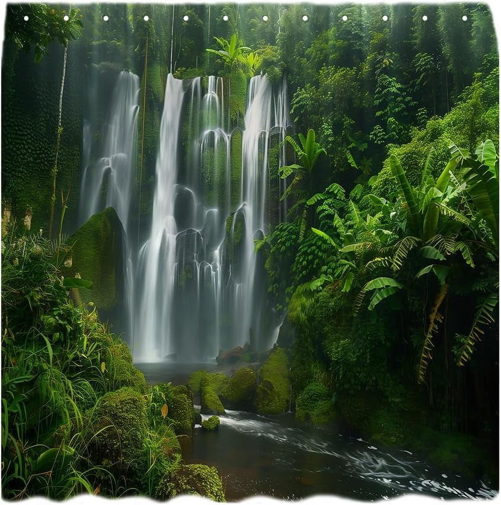 Waterfall Forest Shower Curtain - Green Tree Tropical Rainforest Jungle ...
