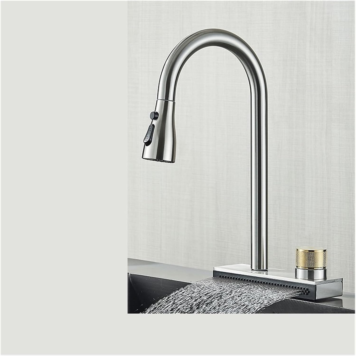 Waterfall Grey Sink Kitchen Faucet Flexible Pull Out 3 Way Sprayer ...