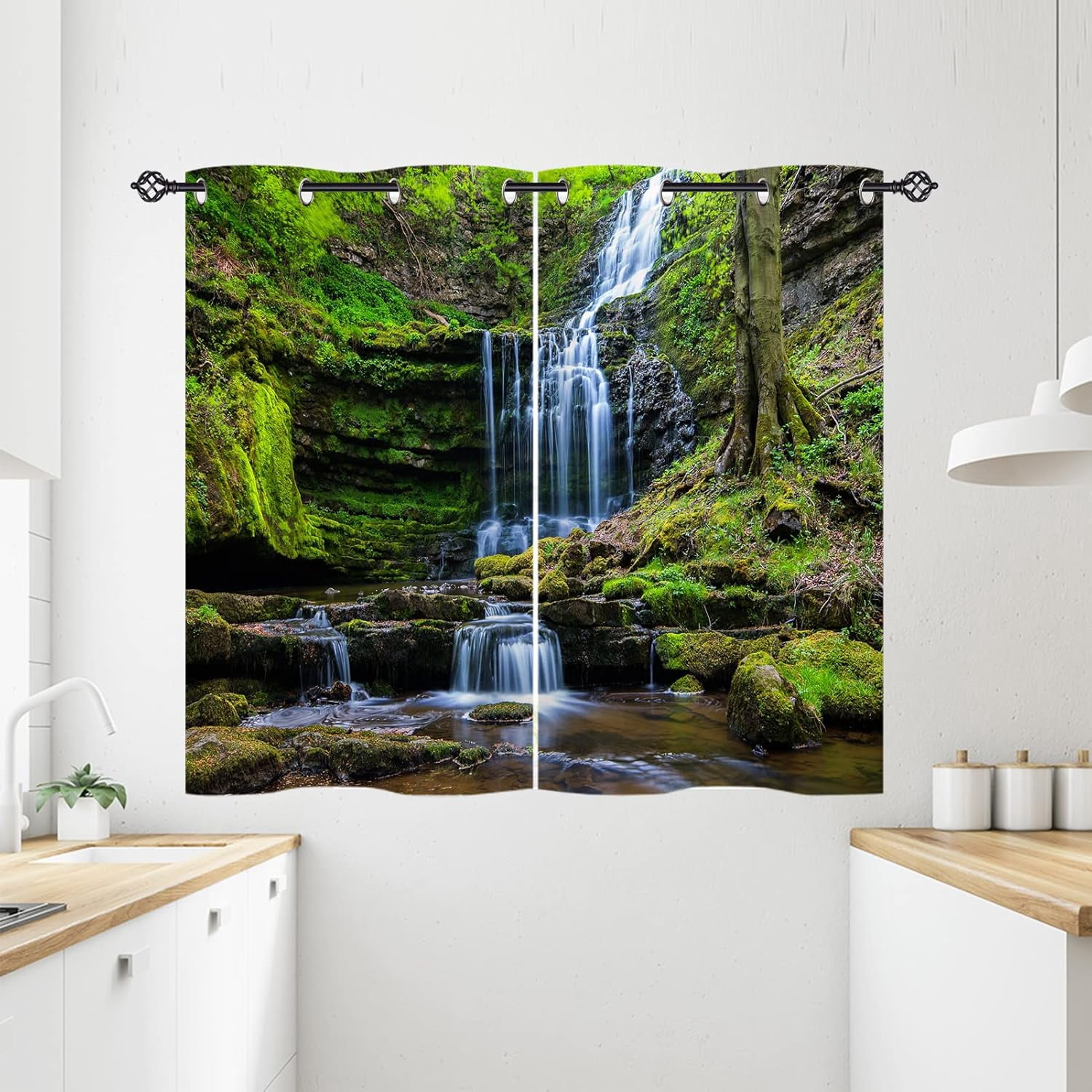 Waterfall Kitchen Curtains - Nature Landscape Theme Forest Mountain ...