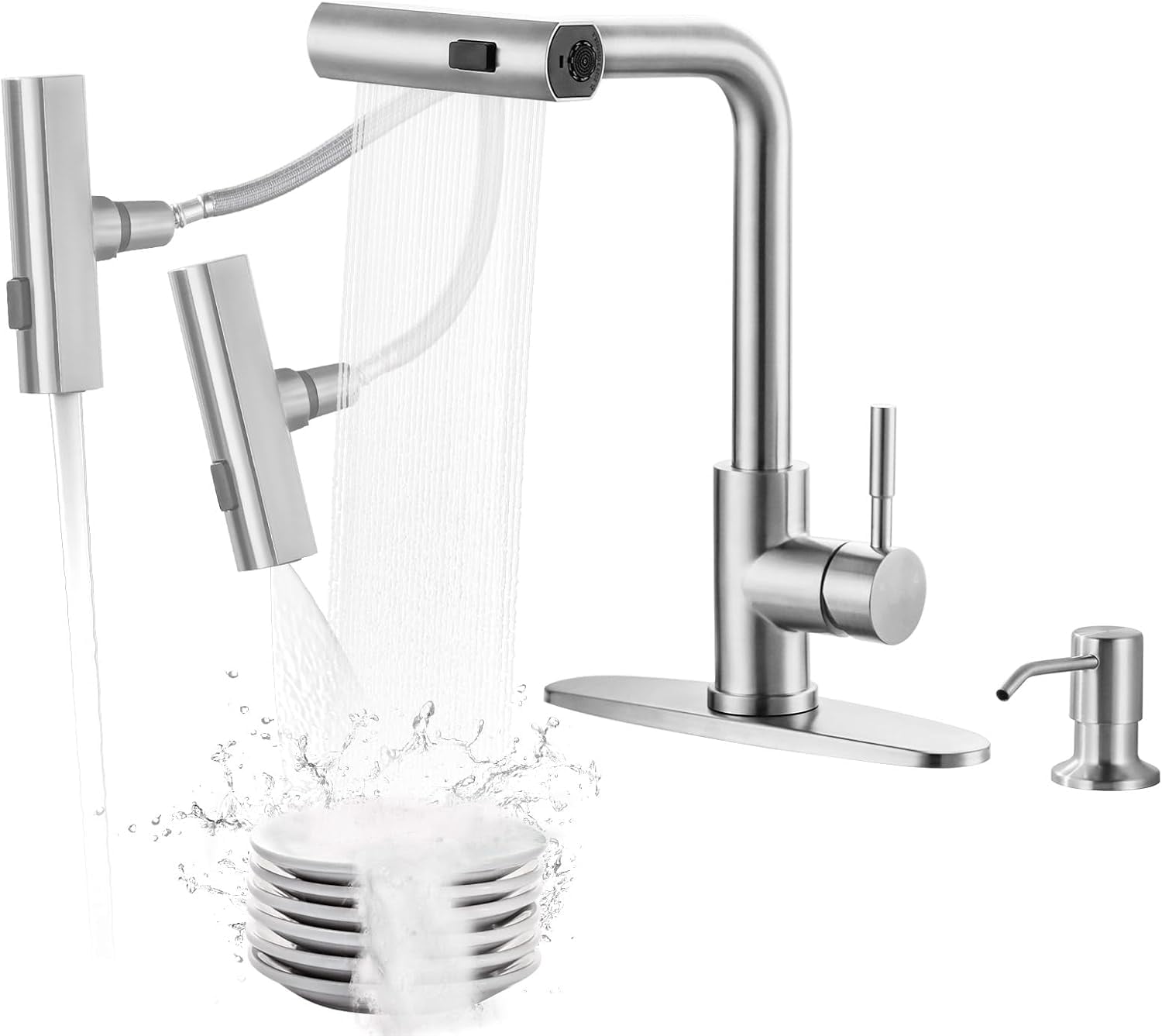 Waterfall Kitchen Faucet with Soap Dispenser: Brushed Nickel Kitchen ...
