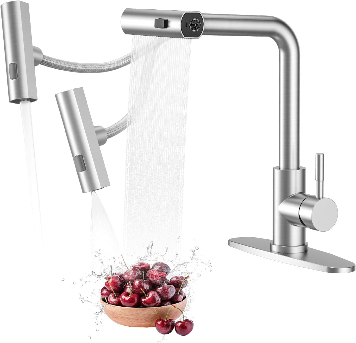 Waterfall Kitchen Sink Faucet with Sprayer: 3 Modes(Waterfall/Stream ...