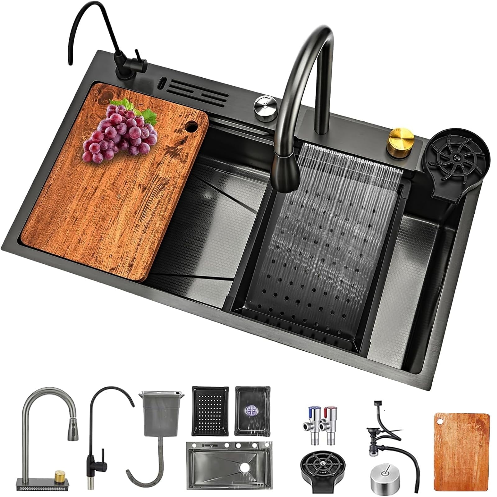Waterfall Kitchen Sink, Single Bowl Drop in Kitchen Sink with Pull-Out ...