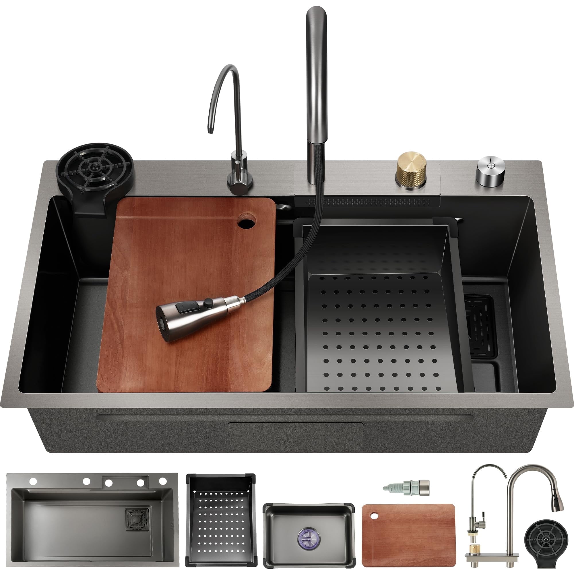 Stainless Steel Waterfall Kitchen Sink, Single Bowl Drop-in with Pull ...