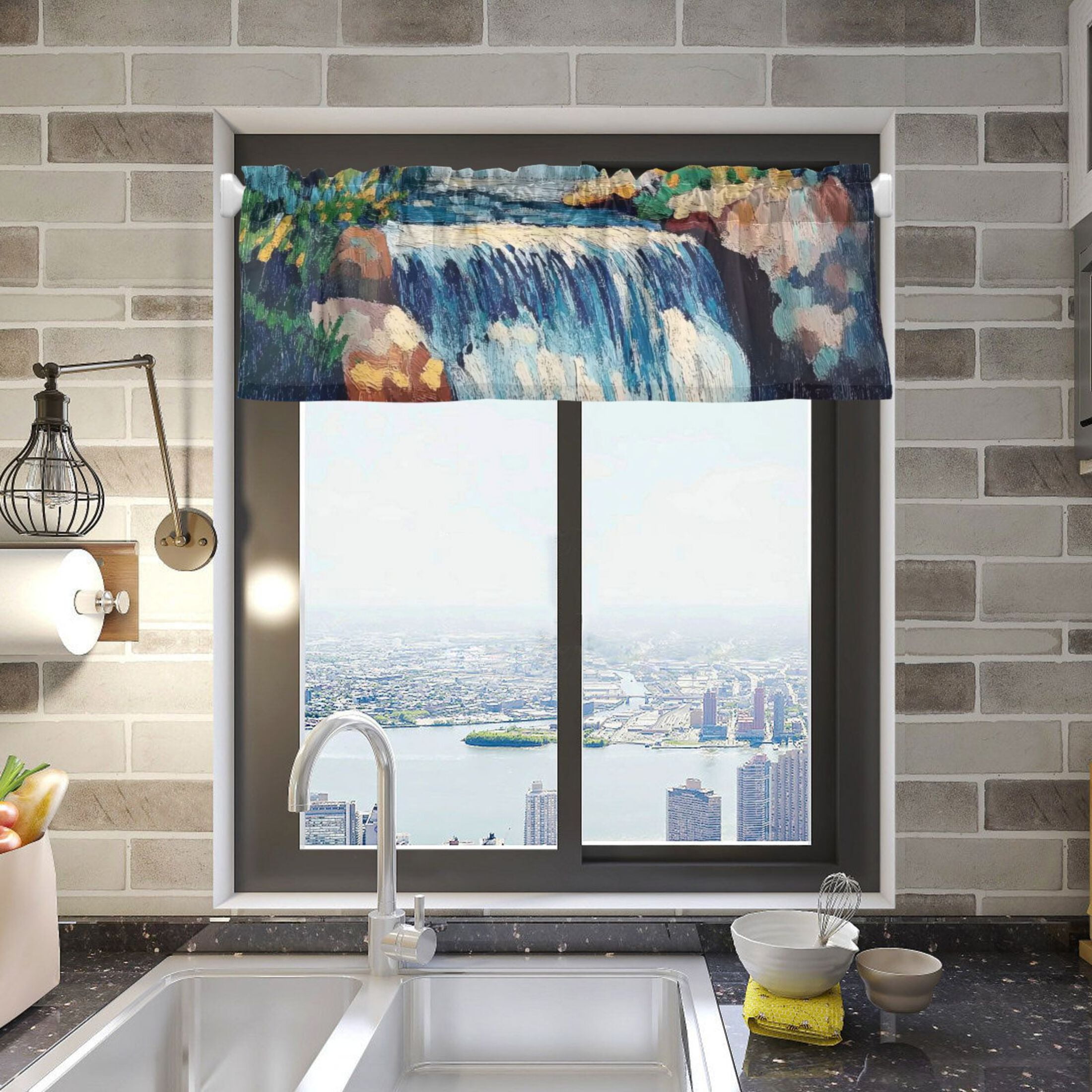 Waterfall Landscape Curtain Valances for Windows Kitchen Living Room ...