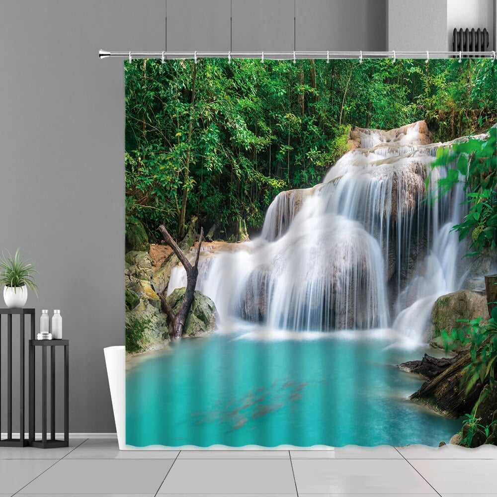 Waterfall Landscape Decor Shower Curtains Green Forest Scenery ...
