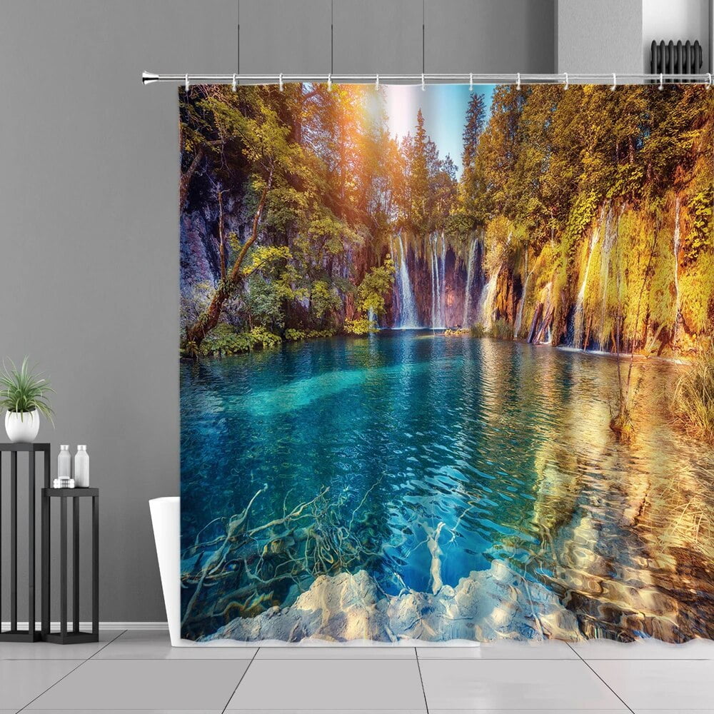 Waterfall Landscape Decor Shower Curtains Green Forest Scenery