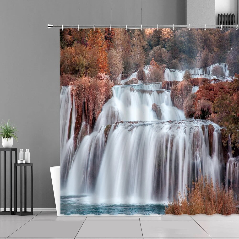 Waterfall Landscape Decor Shower Curtains Green Forest Scenery ...