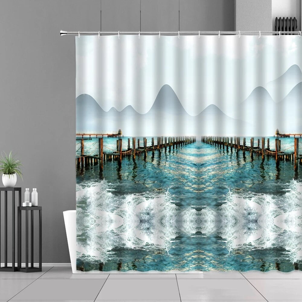 Waterfall Landscape Decor Shower Curtains Green Forest Scenery ...