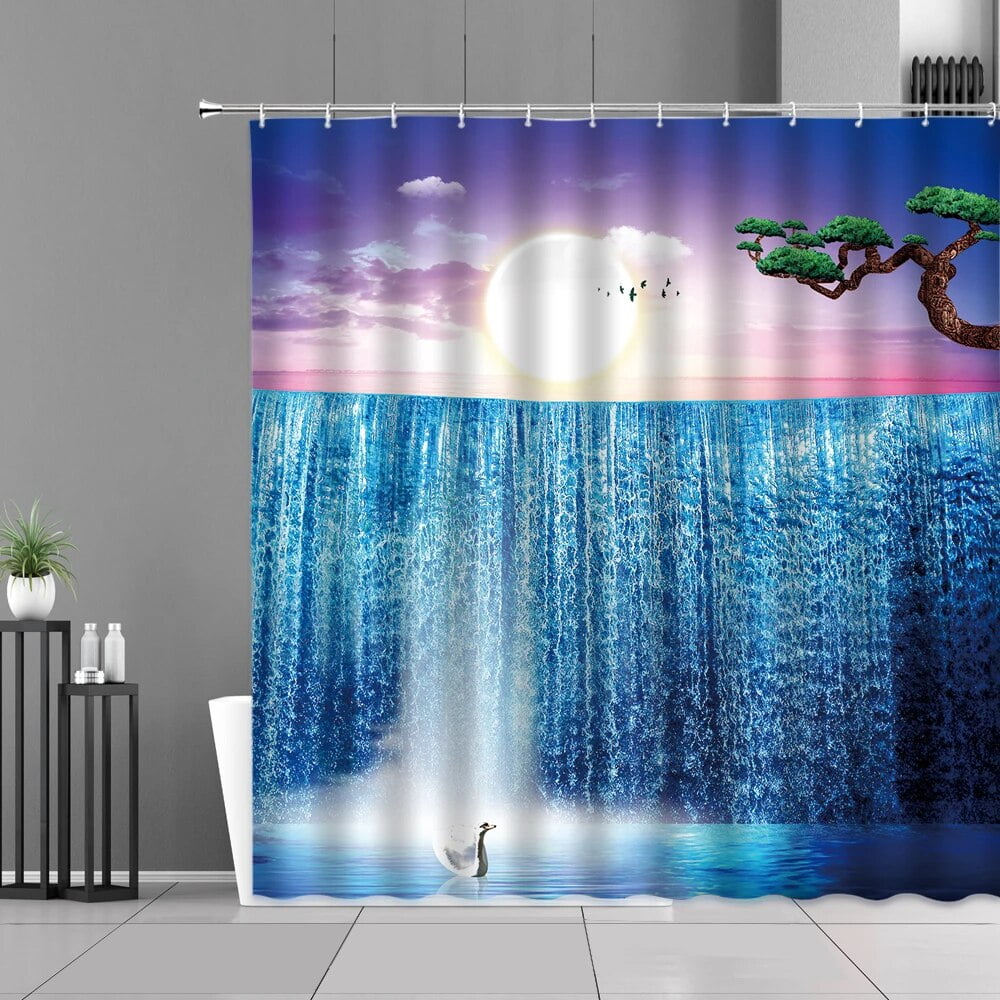 Waterfall Landscape Decor Shower Curtains Green Forest Scenery ...