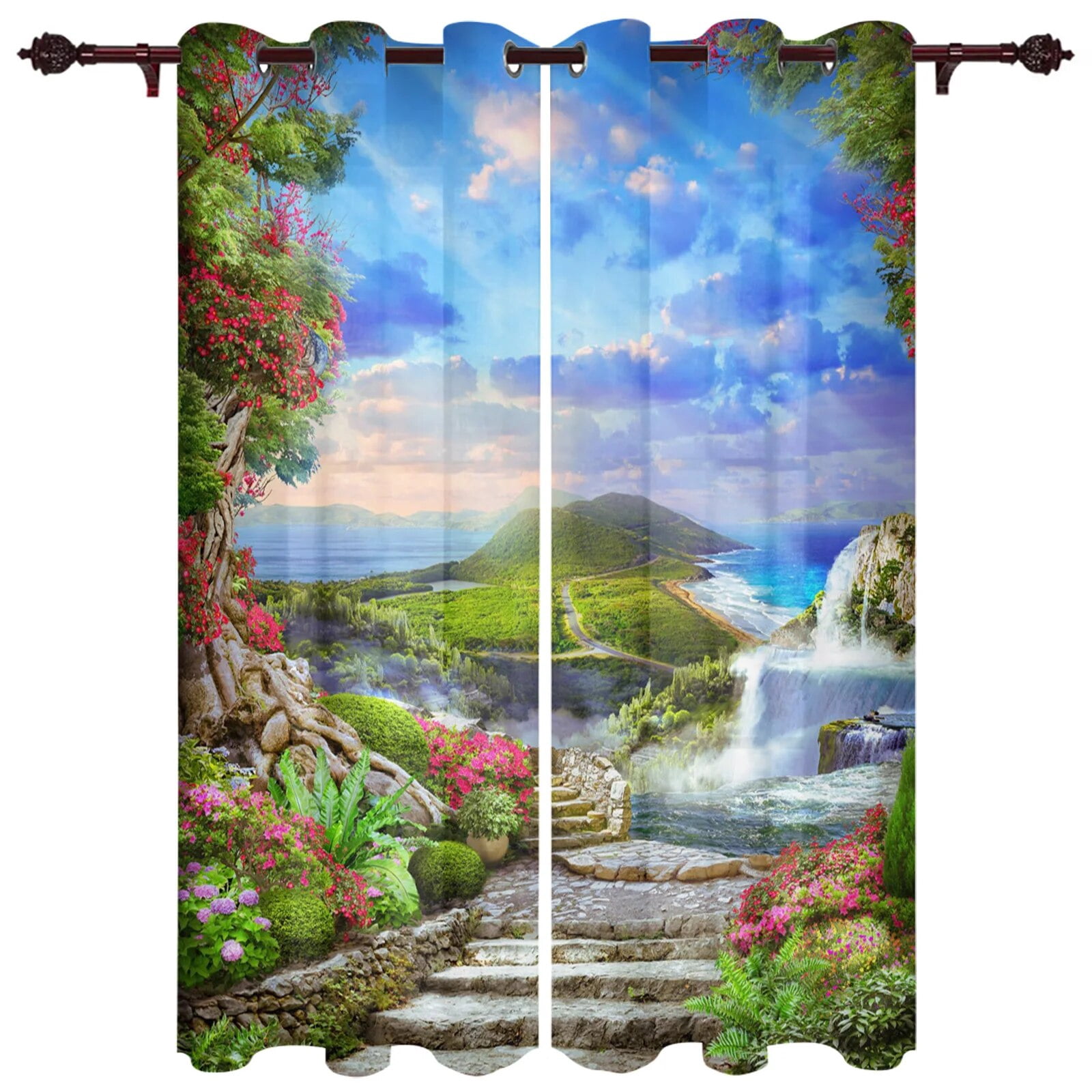Waterfall Mountain Flower Kitchen Curtain Kids Bedroom Living Room ...