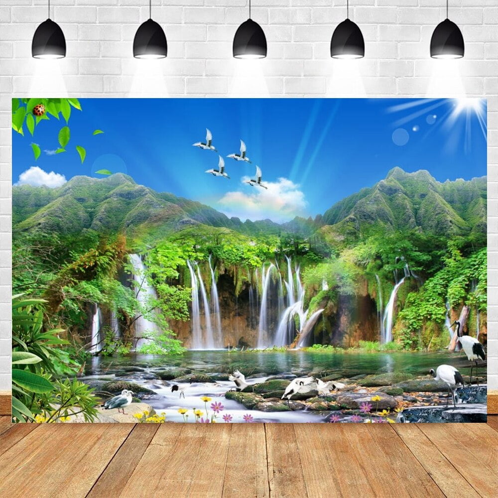 Waterfall Mountain Forest Fall Autumn Nature Backdrop Landscape Scenery ...