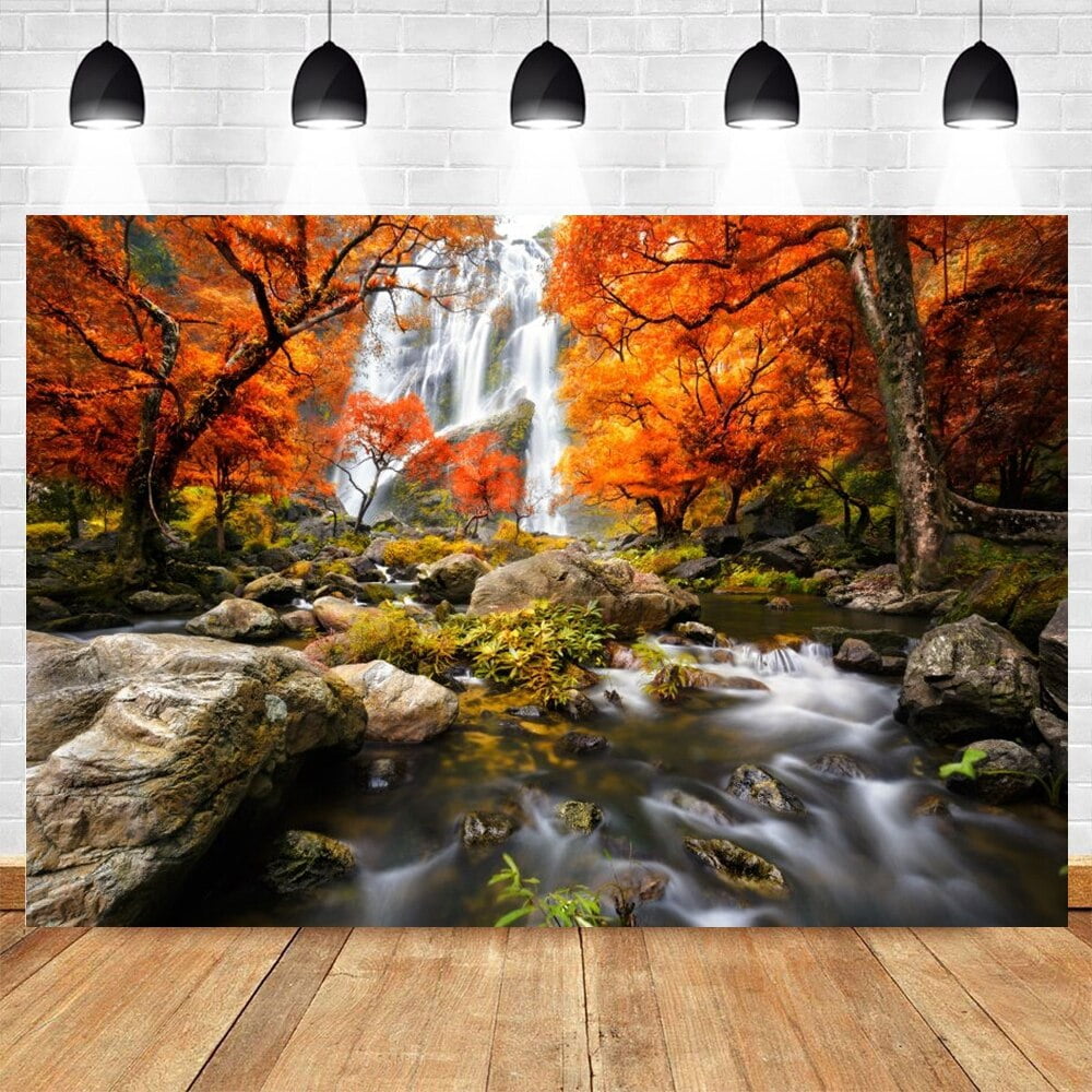 Waterfall Mountain Forest Fall Autumn Nature Backdrop Landscape Scenery ...