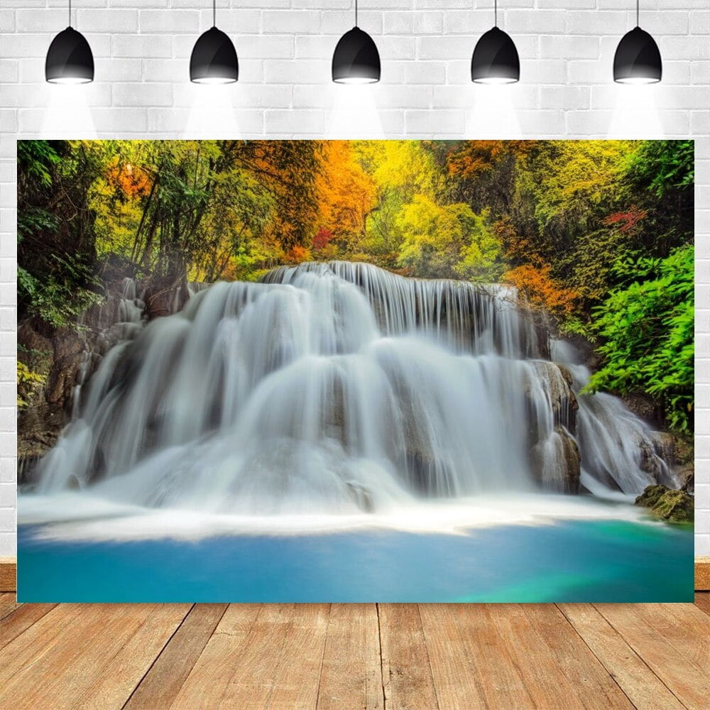 Waterfall Mountain Forest Fall Autumn Nature Backdrop Landscape Scenery ...