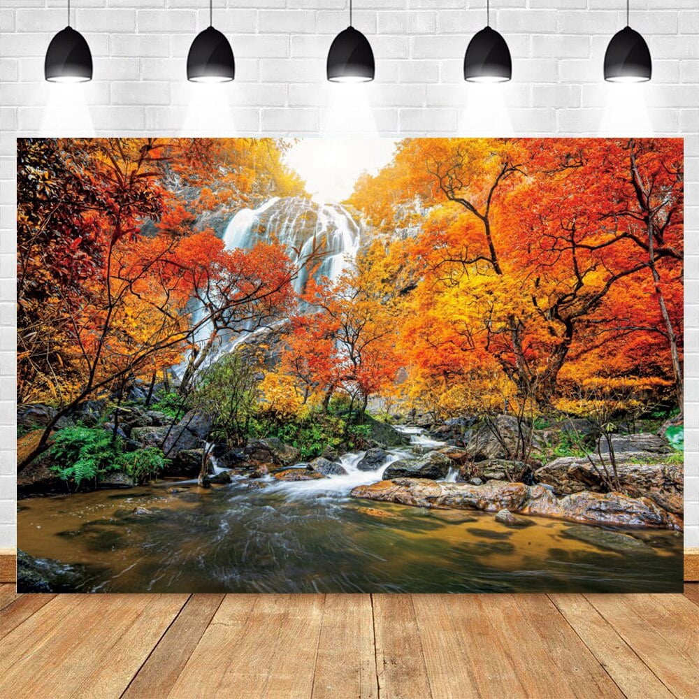 Waterfall Mountain Forest Fall Autumn Nature Backdrop Landscape Scenery ...