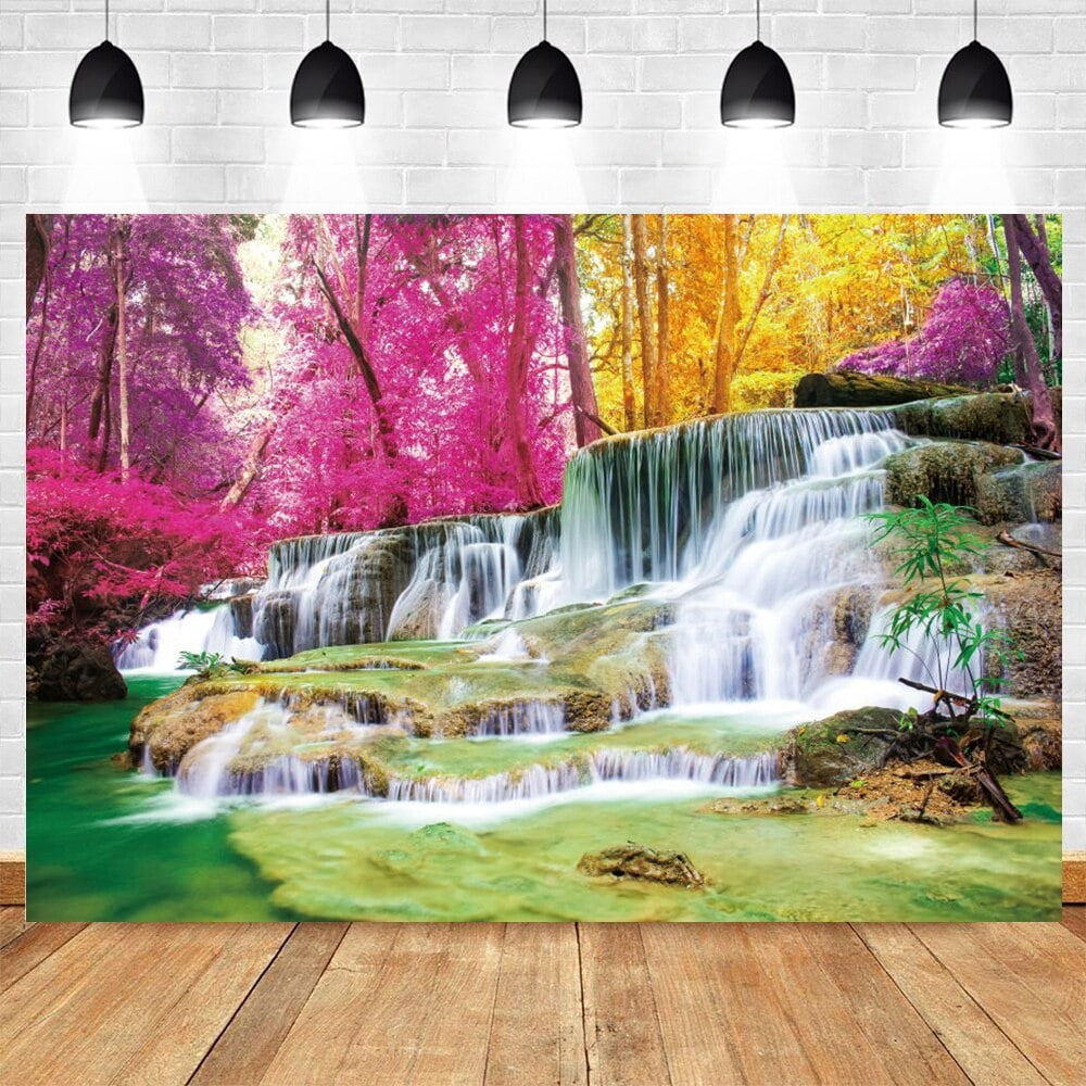 Waterfall Mountain Forest Fall Autumn Nature Backdrop Landscape Scenery ...