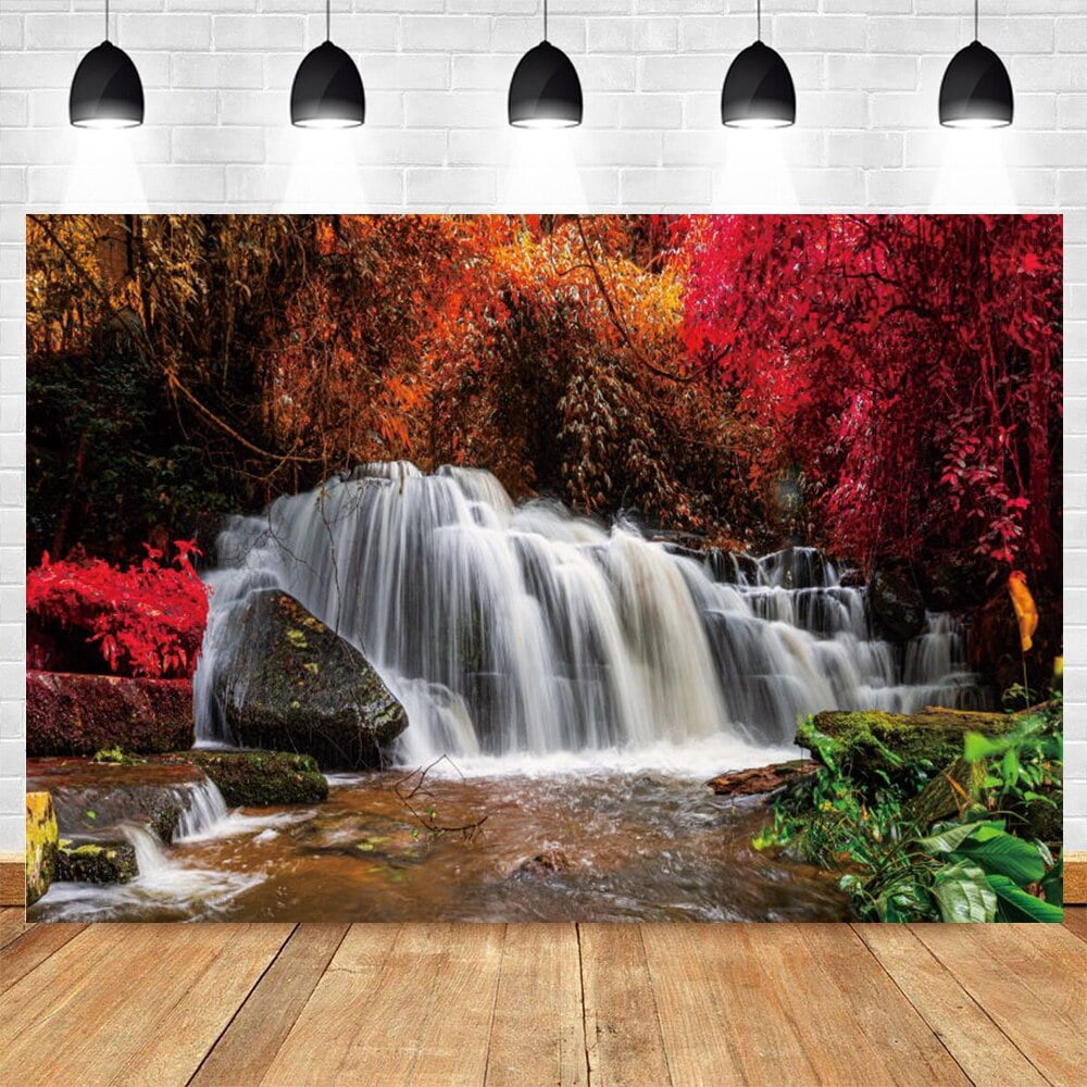 Waterfall Mountain Forest Fall Autumn Nature Backdrop Landscape Scenery ...