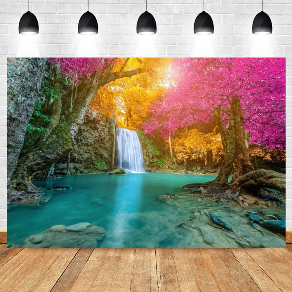 Waterfall Mountain Forest Fall Autumn Nature Backdrop Landscape Scenery ...
