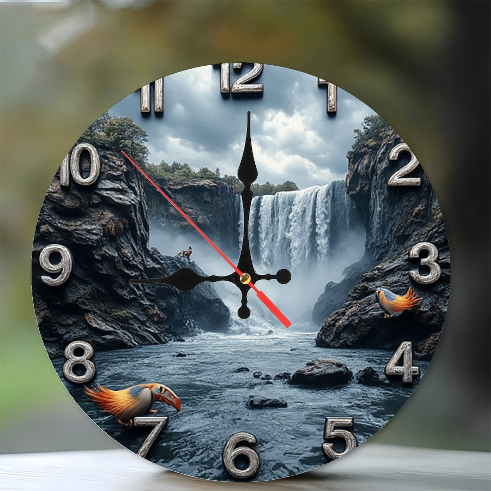 Waterfall Nature Wall Clock Scenic Birds 10-Inch Silent Wooden Wall ...
