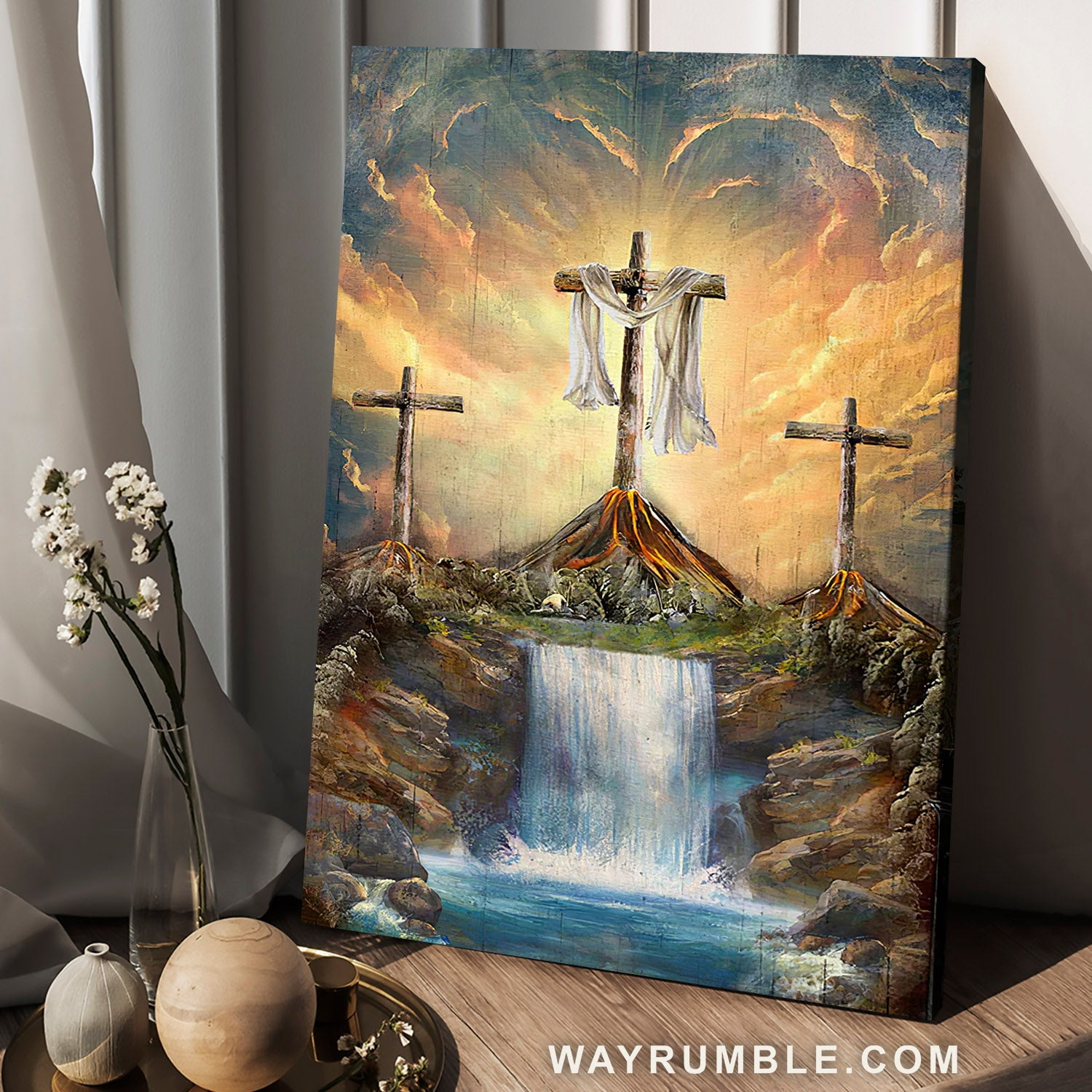 Waterfall Painting Light From Heaven, The Three Crosses - Jesus ...