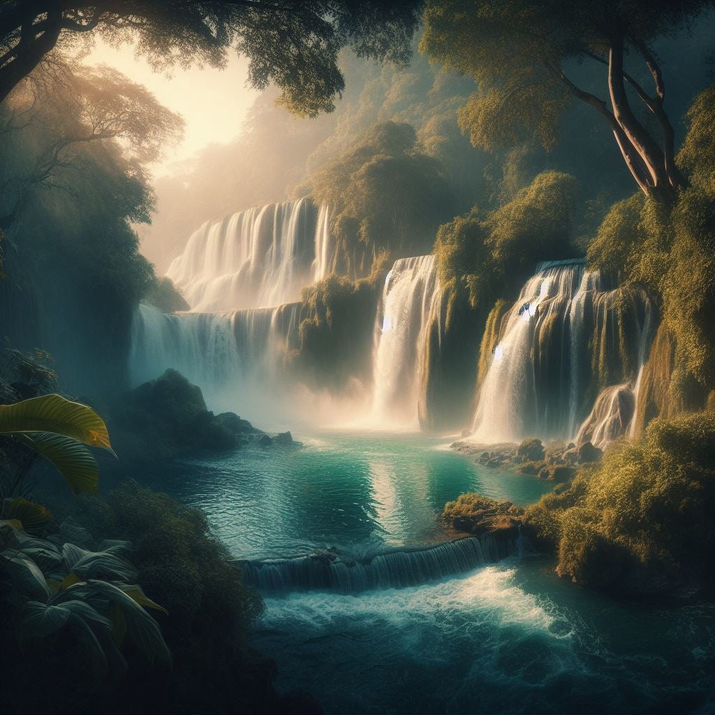 Waterfall Panorama Digital Matte Painting - 12" x 18" Art Print Wall ...