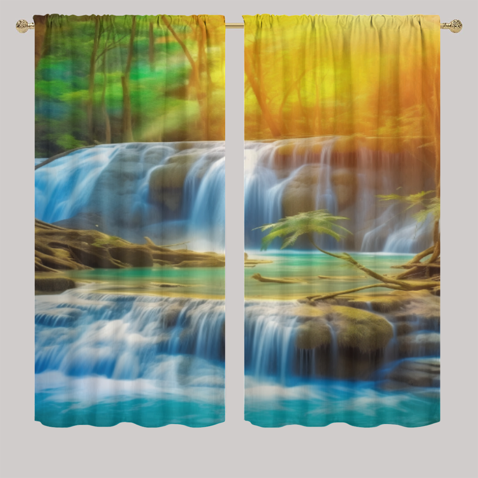 Waterfall Rod Pocket Blackout Curtains Spring Forest Trees River Nature ...