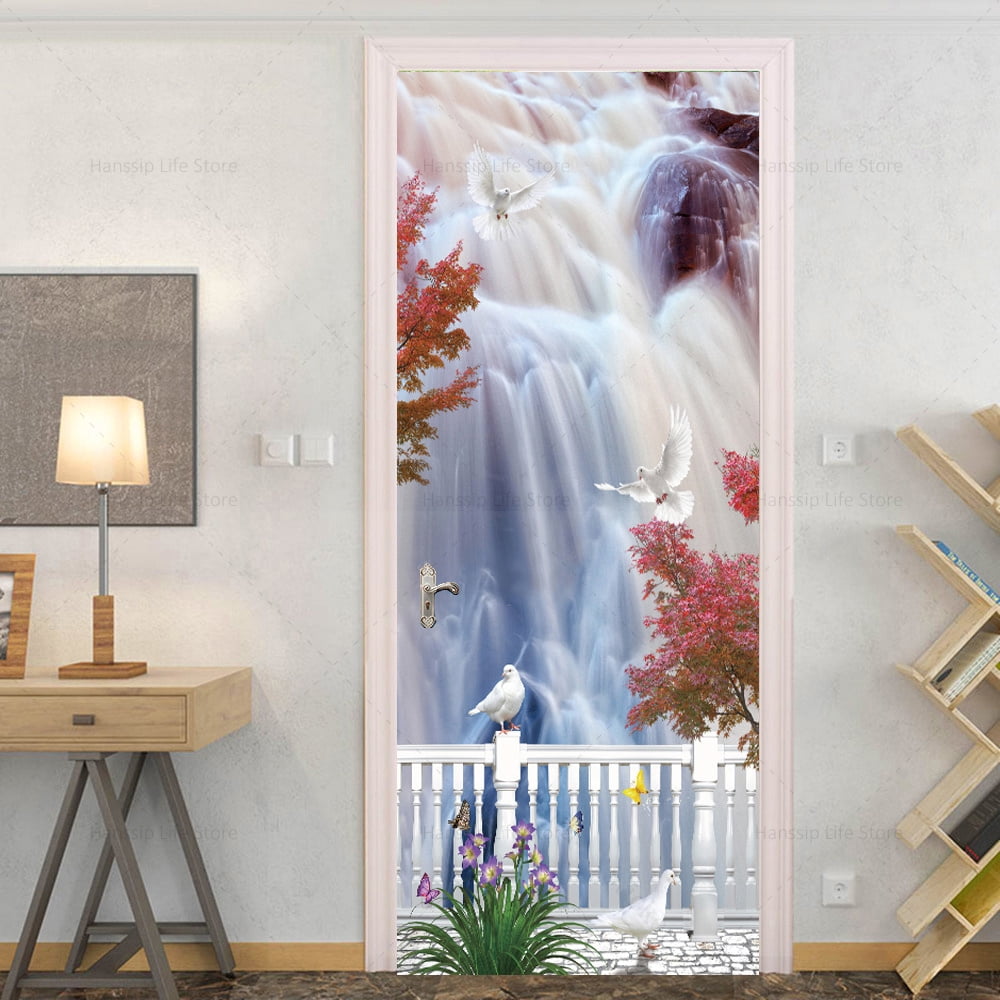 Waterfall Scenery Door Mural Sticker for Living Room Apartment ...