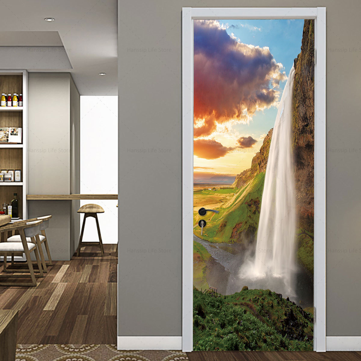 Waterfall Scenery Door Mural Sticker for Living Room Apartment ...