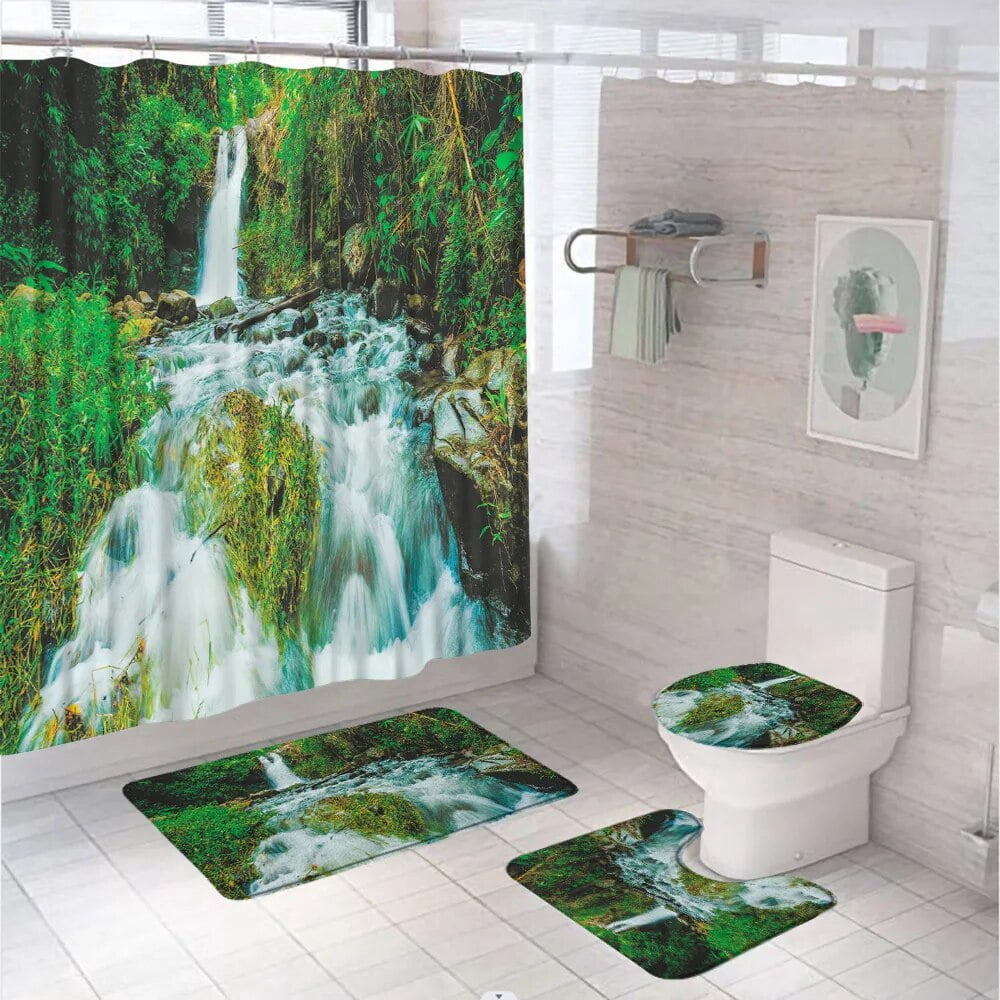 Waterfall Scenery Shower Curtain Set Tropical Jungle Primeval Forest ...
