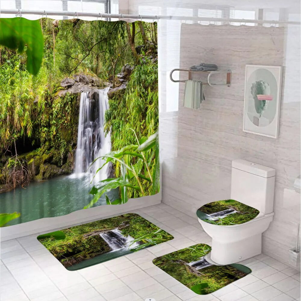 Waterfall Scenery Shower Curtain Set Tropical Jungle Primeval Forest ...