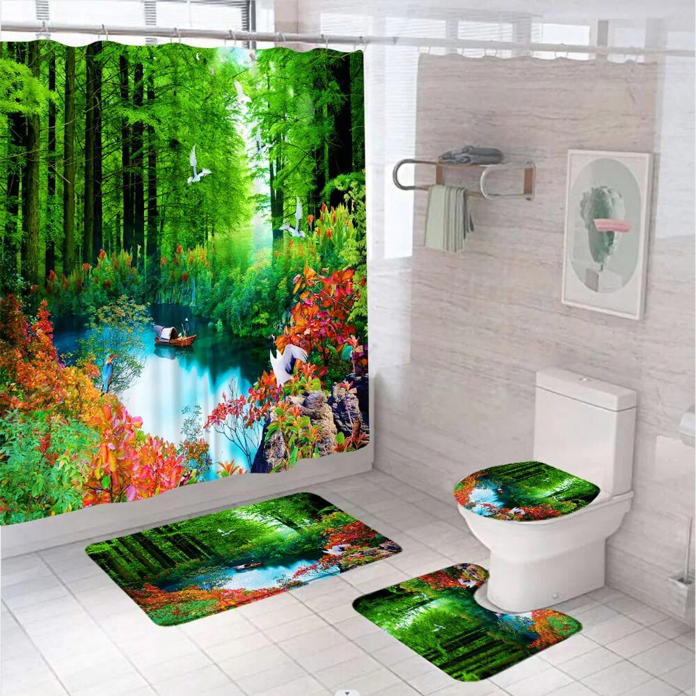 Waterfall Scenery Shower Curtain Set Tropical Jungle Primeval Forest ...