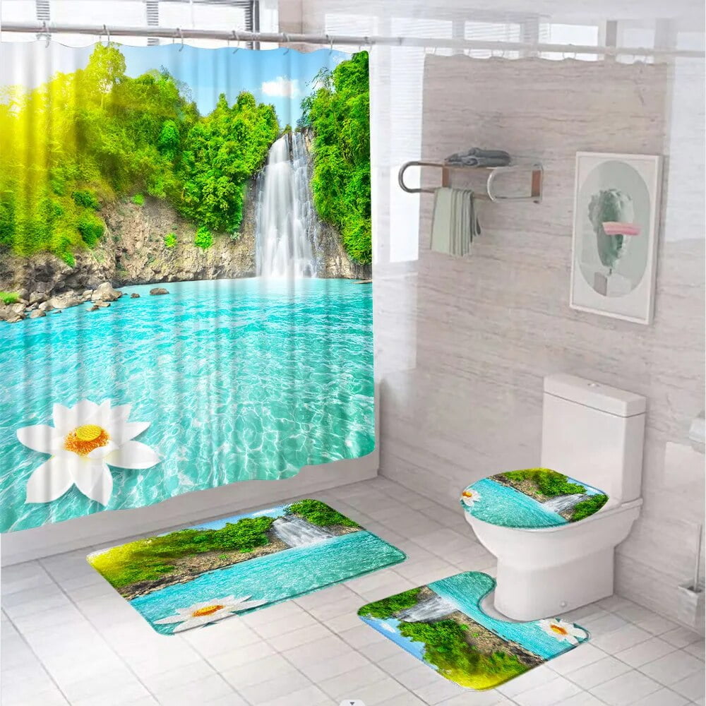 Waterfall Scenery Shower Curtain Set Tropical Jungle Primeval Forest ...