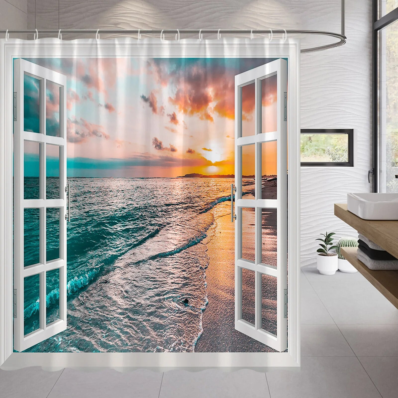 Waterfall Shower Curtain Brown Wooden Window Tropical Rain Forest ...