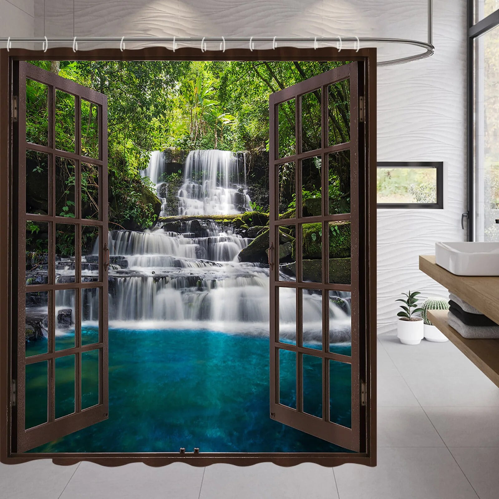 Waterfall Shower Curtain Brown Wooden Window Tropical Rain Forest ...